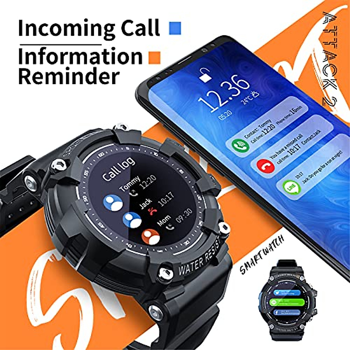 JZ&TS LOKMAT Attack 2 Smart Watch,Touch Screen Smartwatch,Fitness Trackers with Heart Rate Monitor,Waterproof IP68 Activity Trackers,Smart Watch for Men Women for iPhone Android (Black)