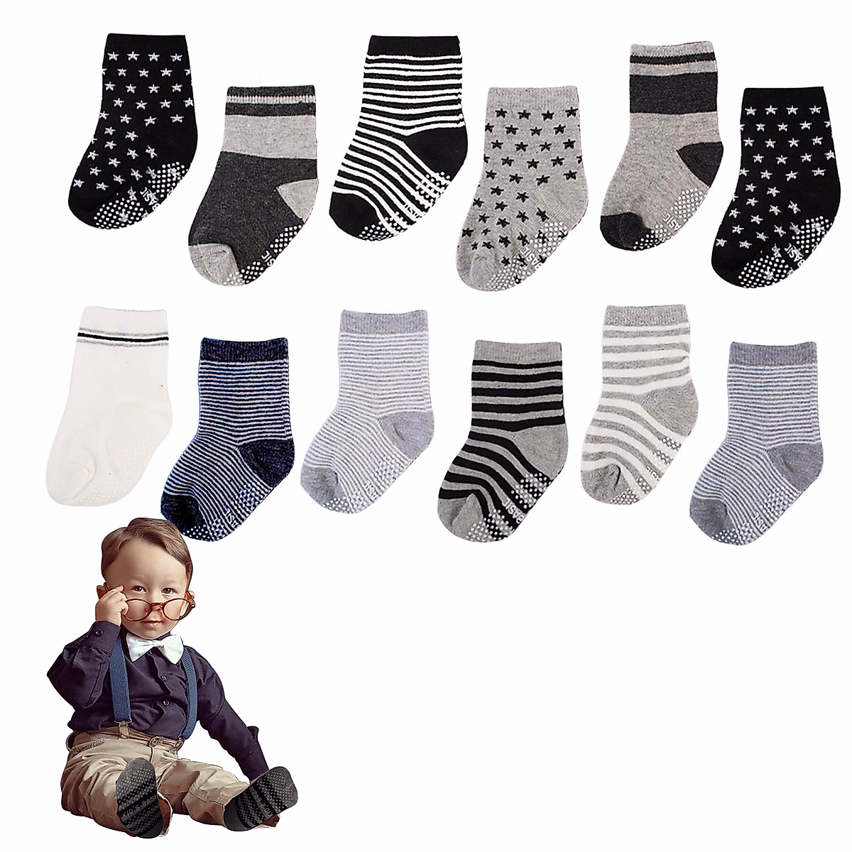 Baby Boy Socks, 12 Pairs Non Slip Toddler Socks Cotton Grip Socks Toddler Socks with Grippers for Baby Boy Infant
