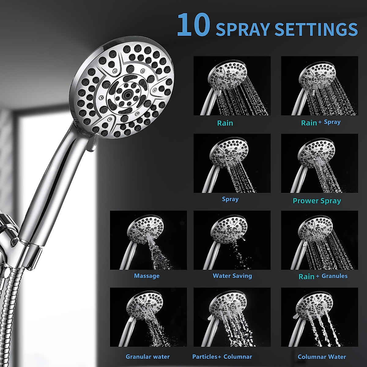 Iopsk High Pressure Shower Head with Handheld,10 Spray Settings Detachable Handheld Shower Head, Hand Held Rain Showerhead with 60 Inch Stainless Steel Hose and Adjustable Bracket(Chrome)