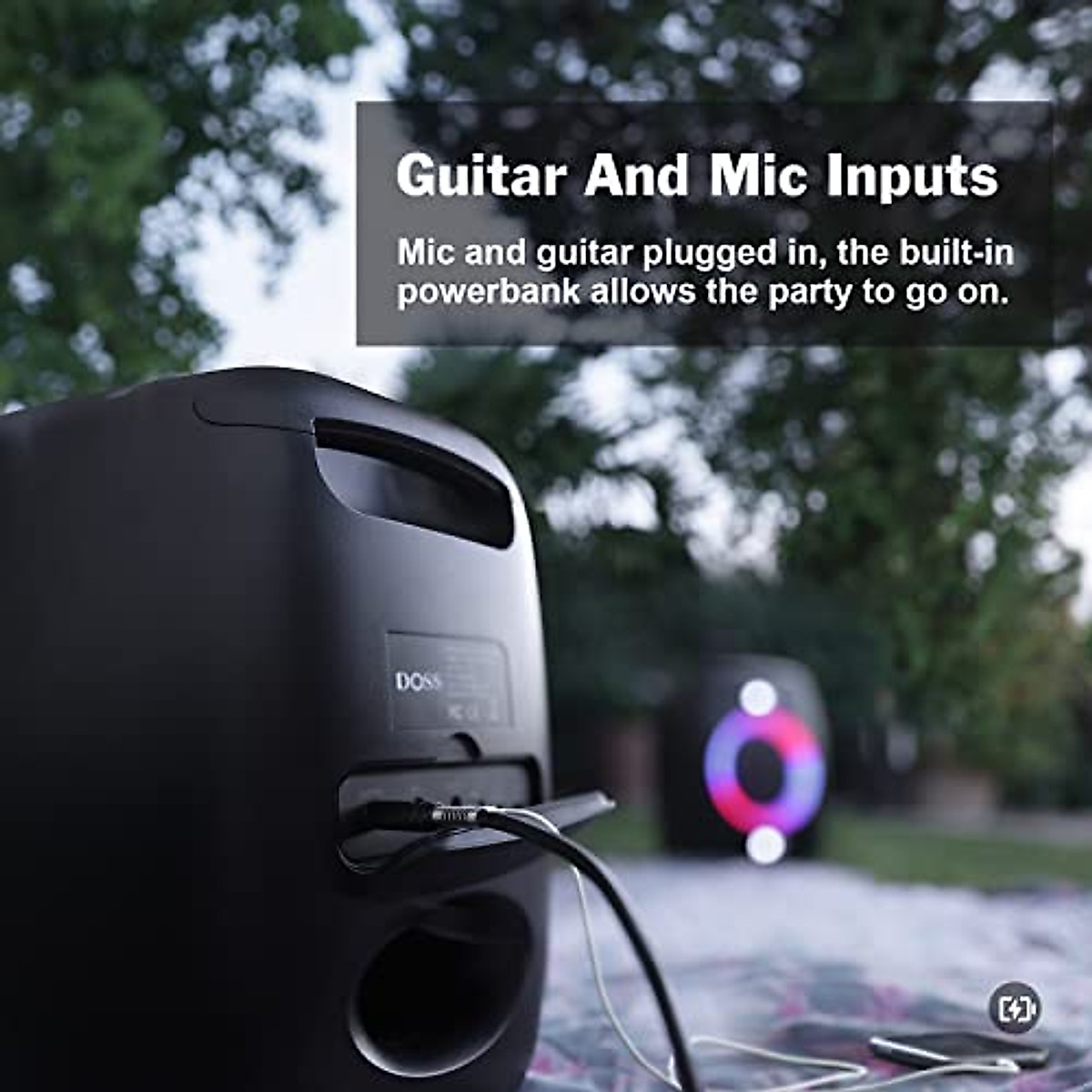 DOSS Bluetooth Speaker, PartyBoom Speaker with 60W Immersive Sound, Punchy Bass, Mixed Colors Lights, PartySync, 12H Playtime, Mic and Guitar Inputs, Portable Speaker for Indoor, Outdoor Party