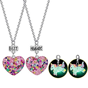 HH-Love-Kids BFF Friendship Necklace Lovely Heart Necklace Jewelry- Best Friend Necklaces BFF Gifts for 2 Matching Heart Best Friends Forever Pendant Necklaces Fluorescent Unicorn Keychian Included