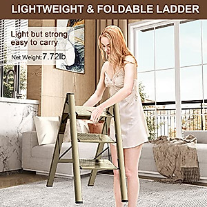 3 Step Ladder Aluminum Lightweight Folding Step Stool Wide Anti-Slip Pedal 330 Lbs Capacity Household Office Portable Stepladder,Champagne Gold