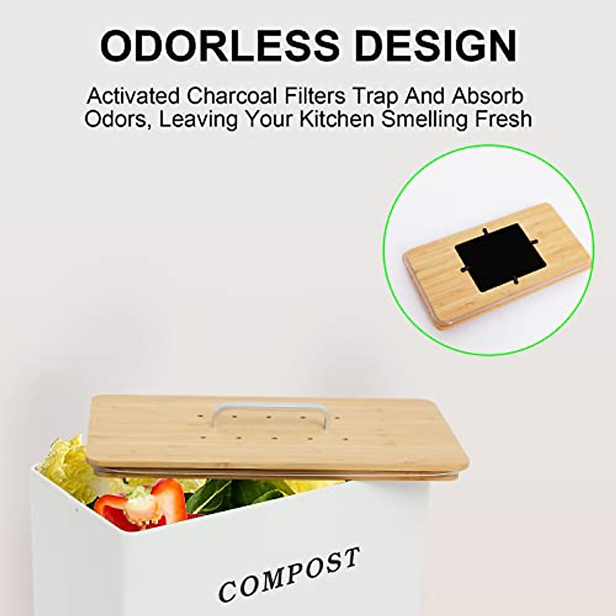 Gdfjiy Compost Bin Kitchen, Indoor Compost Bucket, Rectangle Compost Bin with Wooden Lid, 2 Gallon Capacity for Home Compost Tumbler, Kitchen Waste Garbage Can, Includes 4 Charcoal Filters (White)