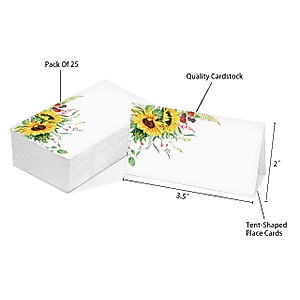Table Place Card, Sunflower Themed Tent Style Cards, Pack of 25 Half-Fold Reception Place Card, Perfect for Sunflower Party, Wedding, Bridal & Baby Shower, Birthday, Banquet and Special Events A21
