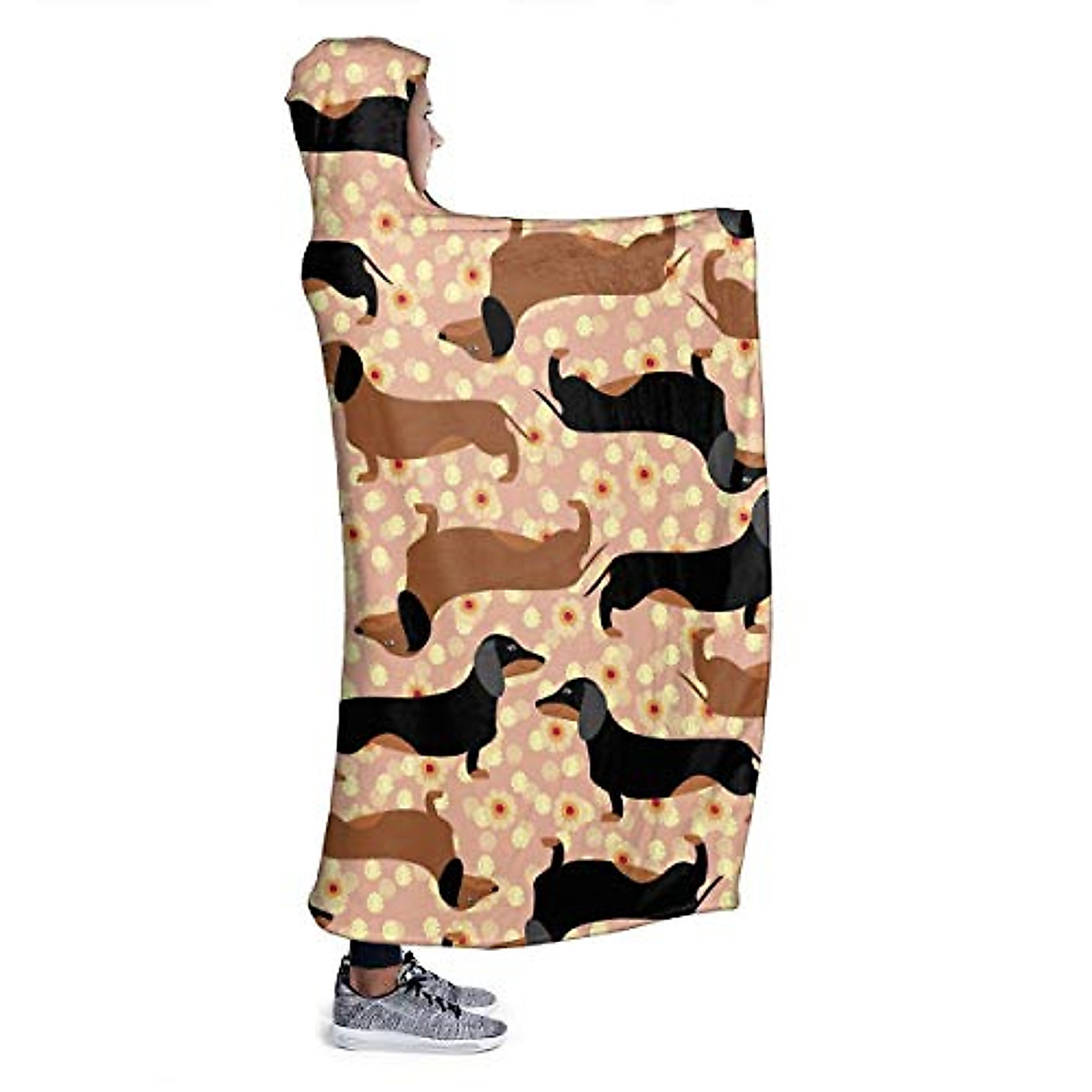Dachshund and Flower Hoodie Blanket Wearable Throw Blankets for Couch Blanket Hooded for Baby Kids Men Women