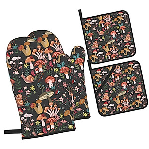Mushrooms Snails Butterflies Oven Mitts and Potholders Professional Heat Resistant Cotton Oven Mitts Kitchen Gloves 4 Piece Set