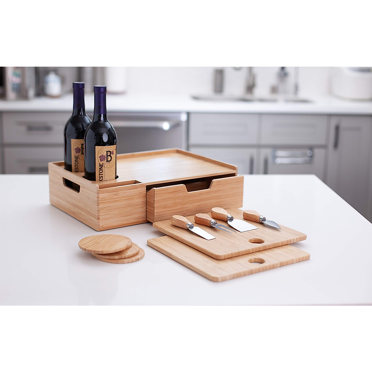 MV Bamboo Wine & Cheese Serving Tray Plus Drawer for Extra Storage Includes Coasters, Cheese Knives, Serving Boards & Handles for Easy Carrying