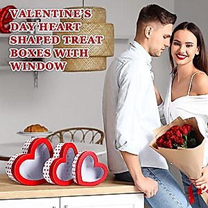 3 Pcs Valentine's Day Heart Shaped Boxes with Transparent Window Lid Dot Heart Flower Boxes Heart Box Floral Gift Box Goody Box Party Favors for Packaging Flowers Arrangement Strawberries, 3 Sizes