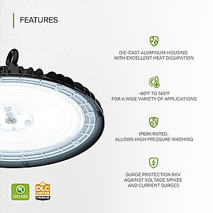 ASD UFO LED High Bay Light 5000K Daylight, 150W/200W/240W, 37,120 lm, Dimmable, DLC Premium & UL, 120-277V, Commercial Bay Lighting, LED High Bay Lights for Warehouse Shop, Waterproof IP69K