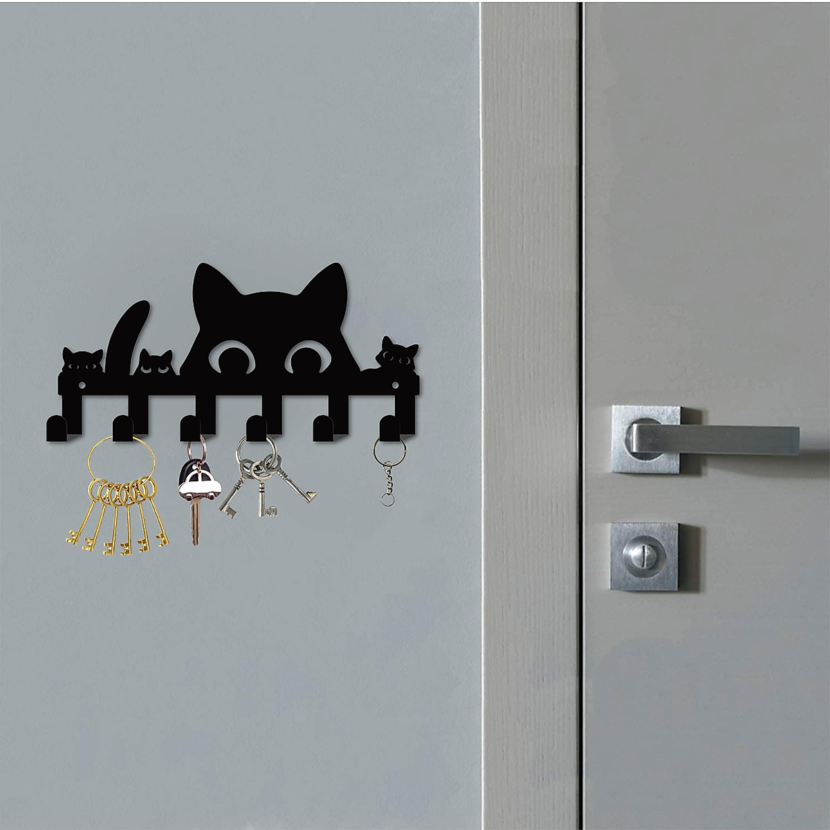 CREATCABIN Black Cat Key Holder for Wall Mounted Key Hook Metal Key Hanger Holder with 6 Hooks Metal Key Hanging Organizer Rack Wall Decor Hook for Entryway Front Door Hallway Office 10.6x5Inch