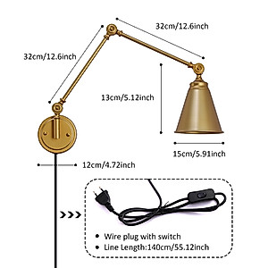 SUNLLOK Modern Gold Plug in Wall Sconce with Switch - Industrial Adjustable Swing Arm Hanging Wall Light Fixture - Indoor Metal Rustic Reading Wall Mounted Lamp Decoration for Living Room Kids Bedroom