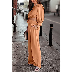 PRETTYGARDEN Women's 2 Piece Satin Outfits 2024 Spring Casual Puff Sleeve Crop Tops Blouse And Long Palazzo Pants Set (Orange,Large)