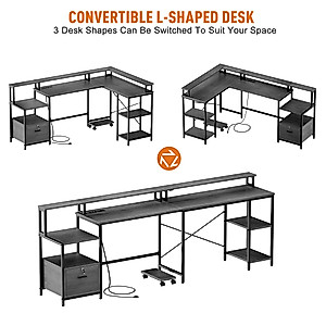 IDEALHOUSE L Shaped Desk - 76" Reversible L Shaped Computer Desk with File Drawer, Office Desk with Power Outlet, L Shaped Gaming Desk with Monitor Shelf, Corner Desk for Home Office, Grey Oak