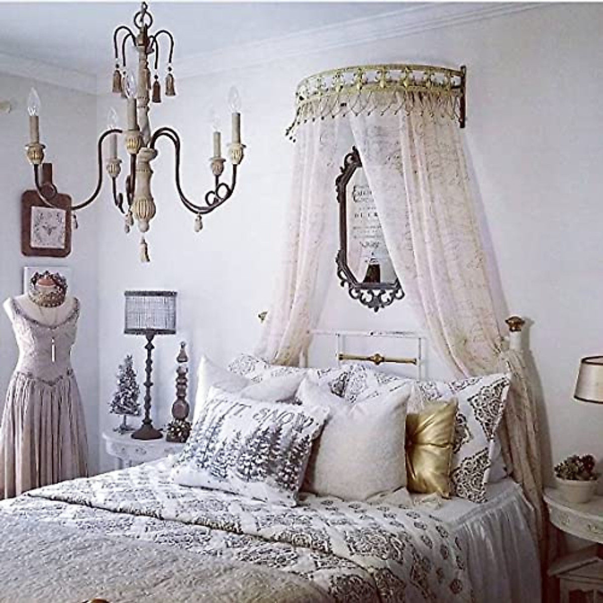 Octorose Metal Wall Teester Bed Crown Canopy - Antique Style Crown Wall Decor with Built-in Rods & Hardware - for Over Beds or Windows - Drapery Panels Not Included - Gold (31.5x14x9.5 Inches)