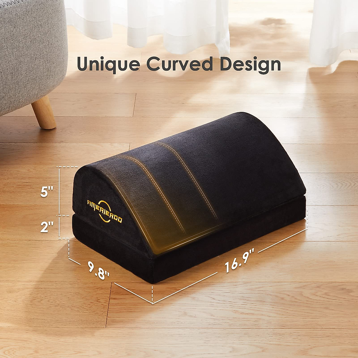 AMERIERGO Foot Rest for Under Desk at Work, Ergonomic Memory Foam Foot Stool Pillow for Home Office, Gaming, Computer - Desk Foot Rest with 2 Adjustable Heights and Breathable Washable Cover (Black)