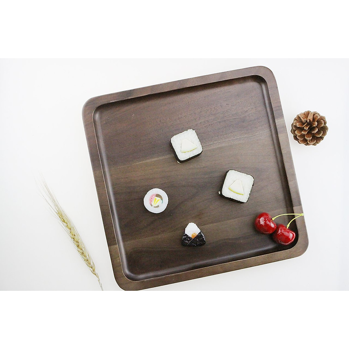 Rustic Walnut Wooden Tray Solid Wood Serving Tray Square Rectangle Platter Tea Tray Coffee Table Tray (Large Square with Grooves（11x11x1inch）)