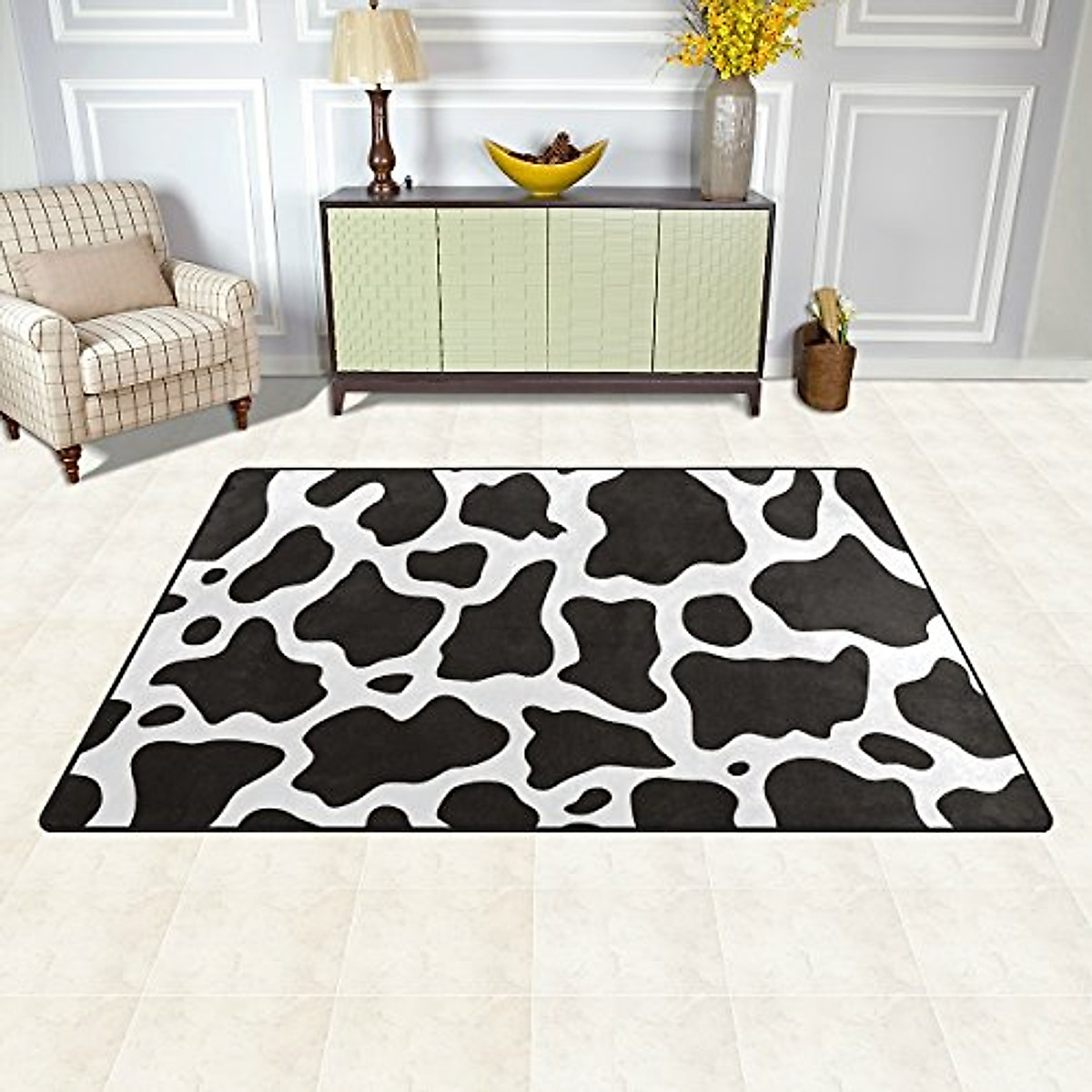 WellLee Door Mat,Black White Cow Skin Print Floor Mat Non-Slip Doormat for Living Dining Dorm Room Bedroom Decor 60x39 Inch