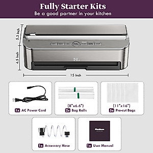 Mesliese Vacuum Sealer Machine, 85kPa 120W Automatic Food Sealer, Powerful Sealing System, Build-in Cutter | Bags Storage | Moist Mode and Air Suction Hose | 2 Bag Rolls and 5pcs Pre-cut Bags