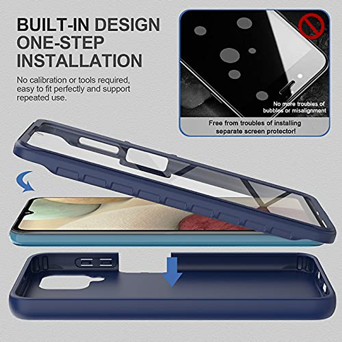 for Samsung Galaxy A12 Case with Built-in Screen Protector, Full Body Protection Shockproof Cover Case, [Rugged PC Front Bumper + Soft TPU Back Cover] Armor Protective Phone (Navy Blue), GTPY-SA12-B