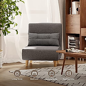 Aiho Convertible Sofa & Chair Bed, Futon Chair Sleeper with Soft Pillow, Modern Linen Fabric Solid Wood Legs, Dark Grey