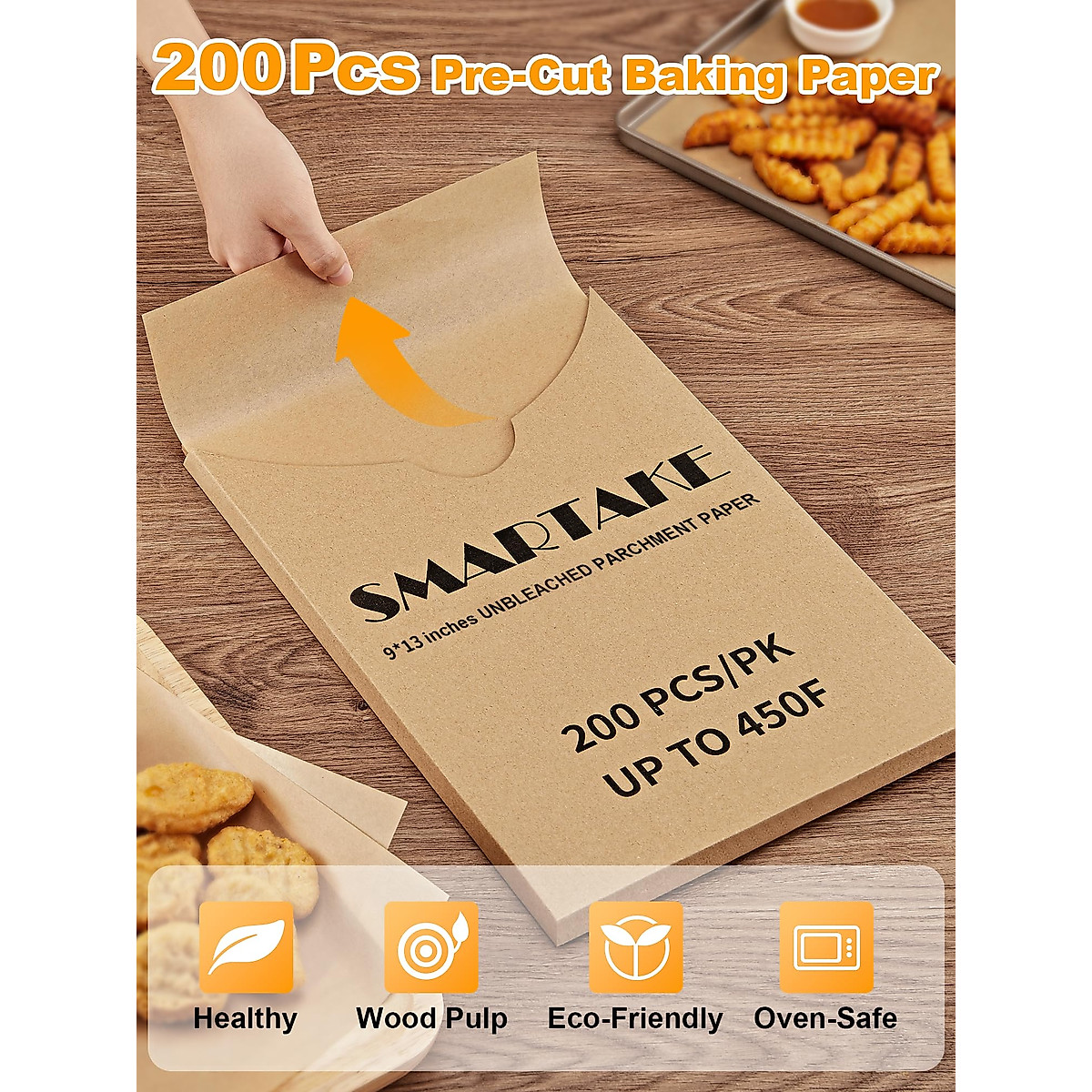 SMARTAKE 200 Pcs Parchment Paper Baking Sheets, 9x13 Inches Non-Stick Precut Baking Parchment, for Baking Grilling Air Fryer Steaming Bread Cup Cake Cookie and More (Unbleached)