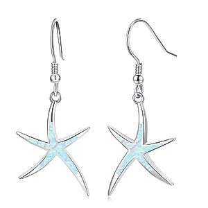 Starfish Earrings,925 Sterling Silver with White Opal Fish Hoops Earings,Nautical Hawaiian Sea Beach Earrings,Starfish Jewelry for Women Starfish Lovers