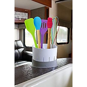 Camco 43513 Countertop Utensil Drainer - Perfect for Storing and Drying Eating Utensils, Sponges, Brushes and Soap - Includes A Perforated Drainer and Base to Keep Countertops Dry
