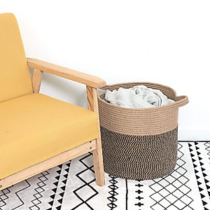 MINTWOOD Design 15 x 14 Inches Decorative Woven Cotton Rope Storage Basket, Stuffed Toy Basket Bin, Laundry Basket, Nursery Basket, Blanket Basket, Dog Toy Basket, Planter Basket, Black Jute