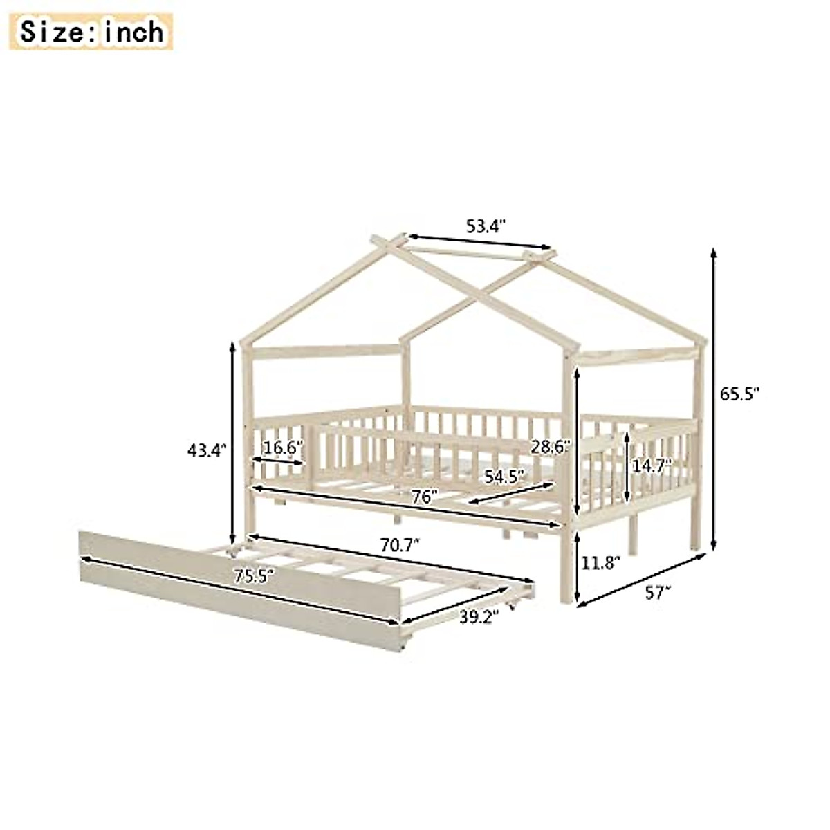 DEINPPA Full House Bed with Trundle, Kids Bed with Fence Guardrails, Wood Bed Frame, Decorative Roof Designs, No Box Spring Needed, for Boys Girls Toddler Kids-Natural