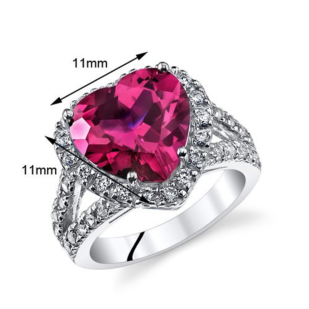 PEORA Created Ruby Signature Heart Ring for Women 925 Sterling Silver, Large 6.25 Carats Heart Shape 11mm, Size 9