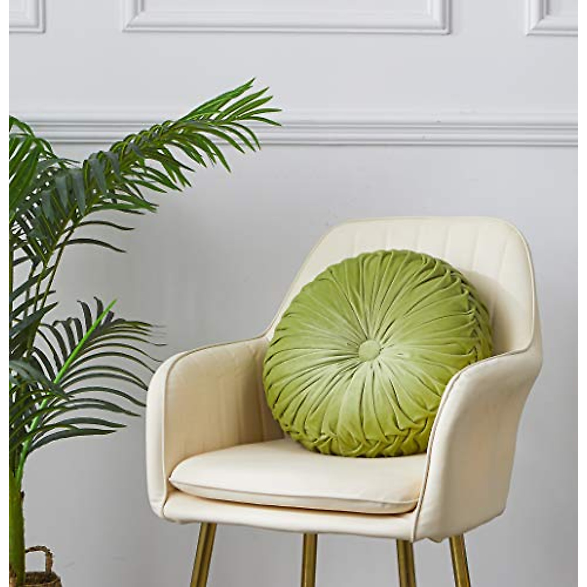 Cassiel Home Velvet Round Throw Pillow Green Summer Pleated Plush Pillow on Couch Pintuck Decorative Floor Cushion for Living Room Bedroom 14.5 inches