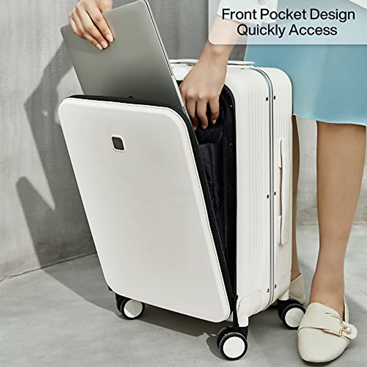 Hanke 20 Inch Carry On Luggage with Front Pocket Aluminum Frame （Can Not Open in The Middle） Hard Shell Suitcases with Wheels Rolling Luggage Suitcase with Lock Travel Luggage for Weekender-Smoke White
