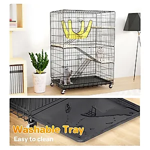 Collapsible Cat Cage, 4-Tier 48 Inches Metal Large Cat Kennel Ferret Enclosure Chinchilla Cage with 360° Rotating Casters/Ramp/Ladders/Hammock for Indoor/Outdoor Kitten