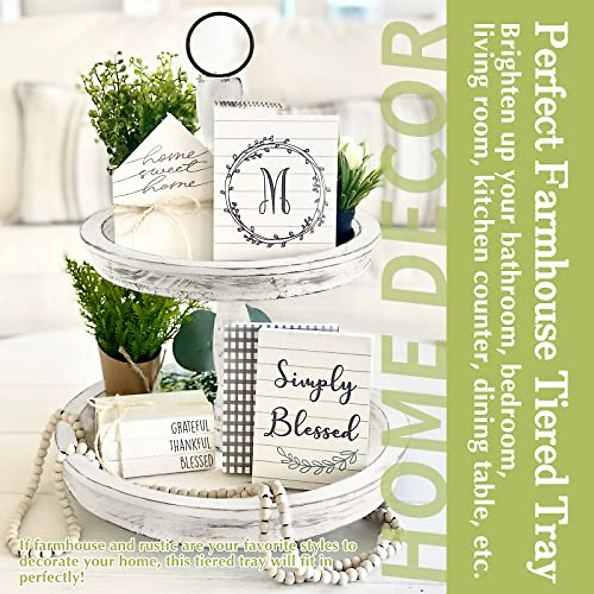 Farmhouse Tiered Tray 2 Tier Tray with Metal Handle, Wooden Tray Tiered Serving Tray for Cake, Fruit, Dessert, White Tray Decorative Tray for Living Room Kitchen Coffee Table Dining Table Centerpiece