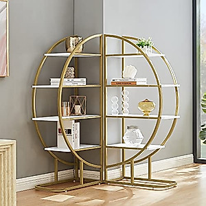 4-Tier Round Circle Bookcase, L Shaped Bookshelf, Modern Storage Shelf, Gold Metal Frame, Adjustable Foot Pads, White