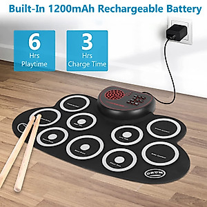 KOCASO Electric Drum Pad Foldable 10-Drum Silicon Drum Kit Dual-Pedal Foldable Electronic Drum Set Machine with Drum 2 Sticks Headphone Jack Speaker for Kids, Beginners