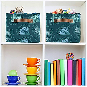 susiyo Large Foldable Storage Bin Leafs Ginkgo Biloba Fabric Storage Baskets Collapsible Decorative Baskets Organizing Basket Bin with PU Handles for Shelves Home Closet Bedroom Living Room-2Pack