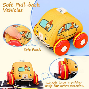 VANLINNY Baby Cars for Toddlers, Pull Back Car for 1 Year Old Boy with Play Mat,4 Pack Washable Soft Plush Cars for Kids, Metal Die Cast Pull Back Vehicles Play Set