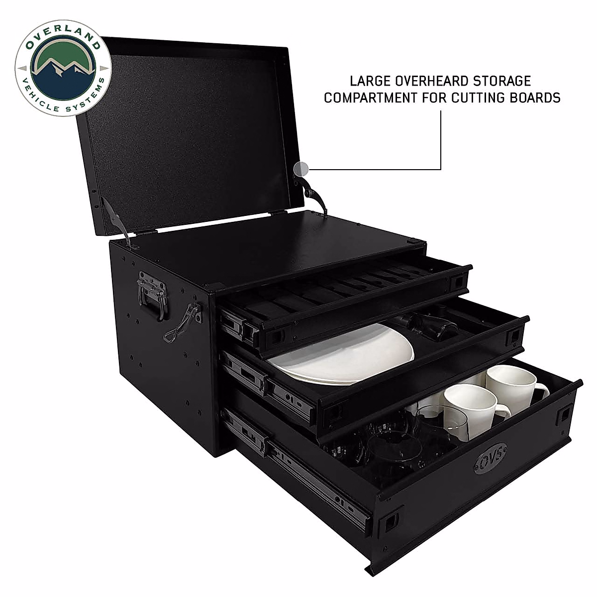 Overland Vehicle Systems Ultimate 39 Piece Utensil Set - Black Powder Coat Universal - 6061 Aircraft-Grade Aluminum Storage Box - Heavy Duty Grab Handles