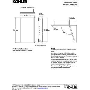 KOHLER CB-CLR1620FS Remodeler 16" W x 20" H Aluminum Single Medicine Cabinet with Mirrored Door, Beveled Edges, Silver