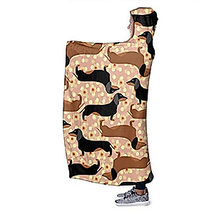 Dachshund and Flower Hoodie Blanket Wearable Throw Blankets for Couch Blanket Hooded for Baby Kids Men Women