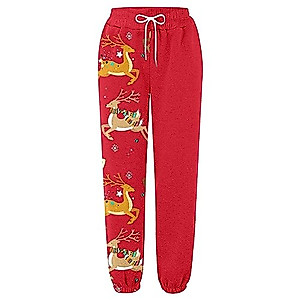 Sweatpants Womens,High Waisted Sweatpants for Women Christmas Print Drawstring Workout Active Joggers Ugly Print Plus Size Running Sweatpants Elk Print Beige XL