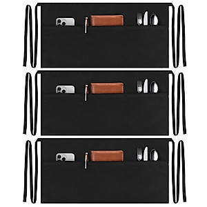 NLUS 3 Pack Server Aprons with 3 Pockets, Water Oil Stain Resistant Waitress Waiter Apron Black Waist Aprons Bistro Apron for Women Men, 24 X 12 inch