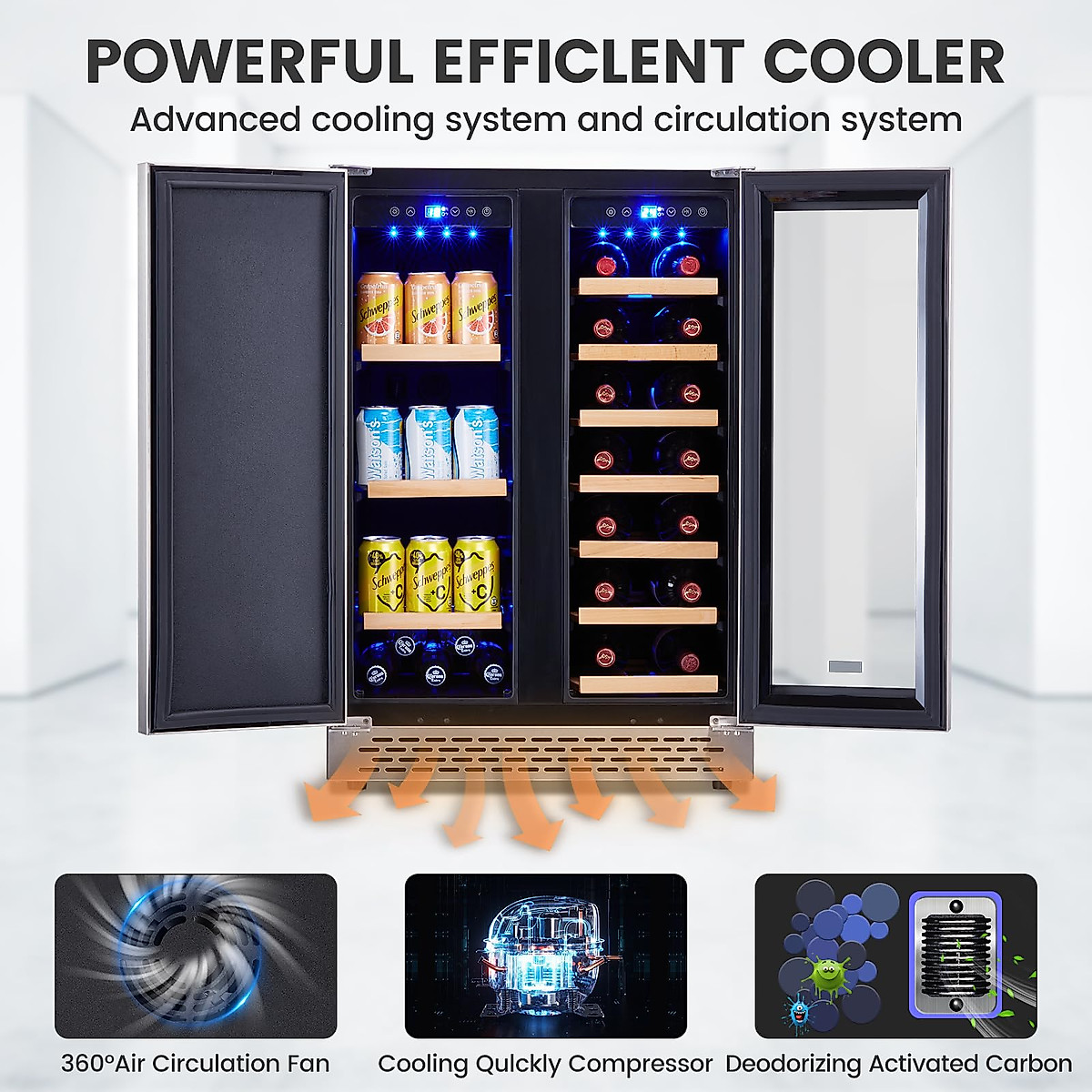 Wine Cooler Beverage Refrigerator, 24” Wine Fridge with Dual-Zone Digital Temperature Control, Glass Front Doors and Interior Lighting Holds 20 Bottles and 88 Cans on Removable Shelves