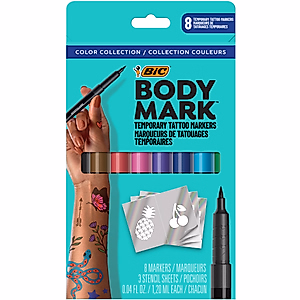 BIC BodyMark Temporary Tattoo Markers for Skin, Color Collection, Flexible Brush Tip, 8-Count Pack of Assorted Colors, Skin-Safe*, Cosmetic Quality (MTBP81-AST), 1 Count (Pack of 8)