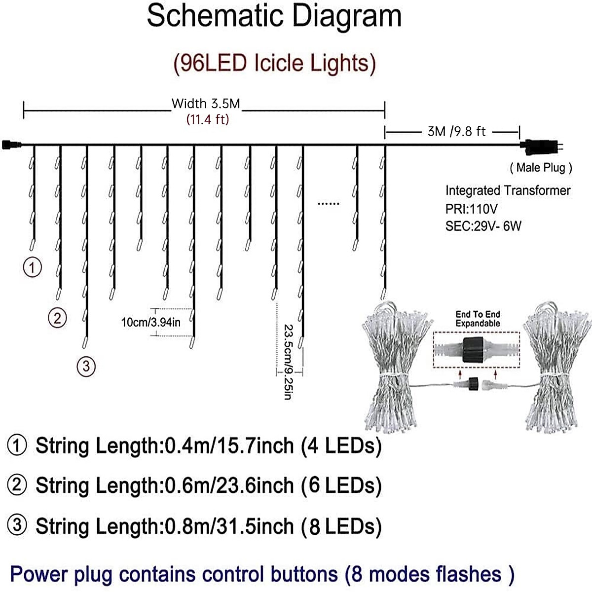 Orangie LED Icicle Lights, 96 LEDs 11.4ft 8 Modes, Curtain Fairy Light, LED String Light for Wedding/Christmas/Halloween/Thanksgiving/Easter/Party Backdrops Family Patio Lawn Decoration(Warm White)