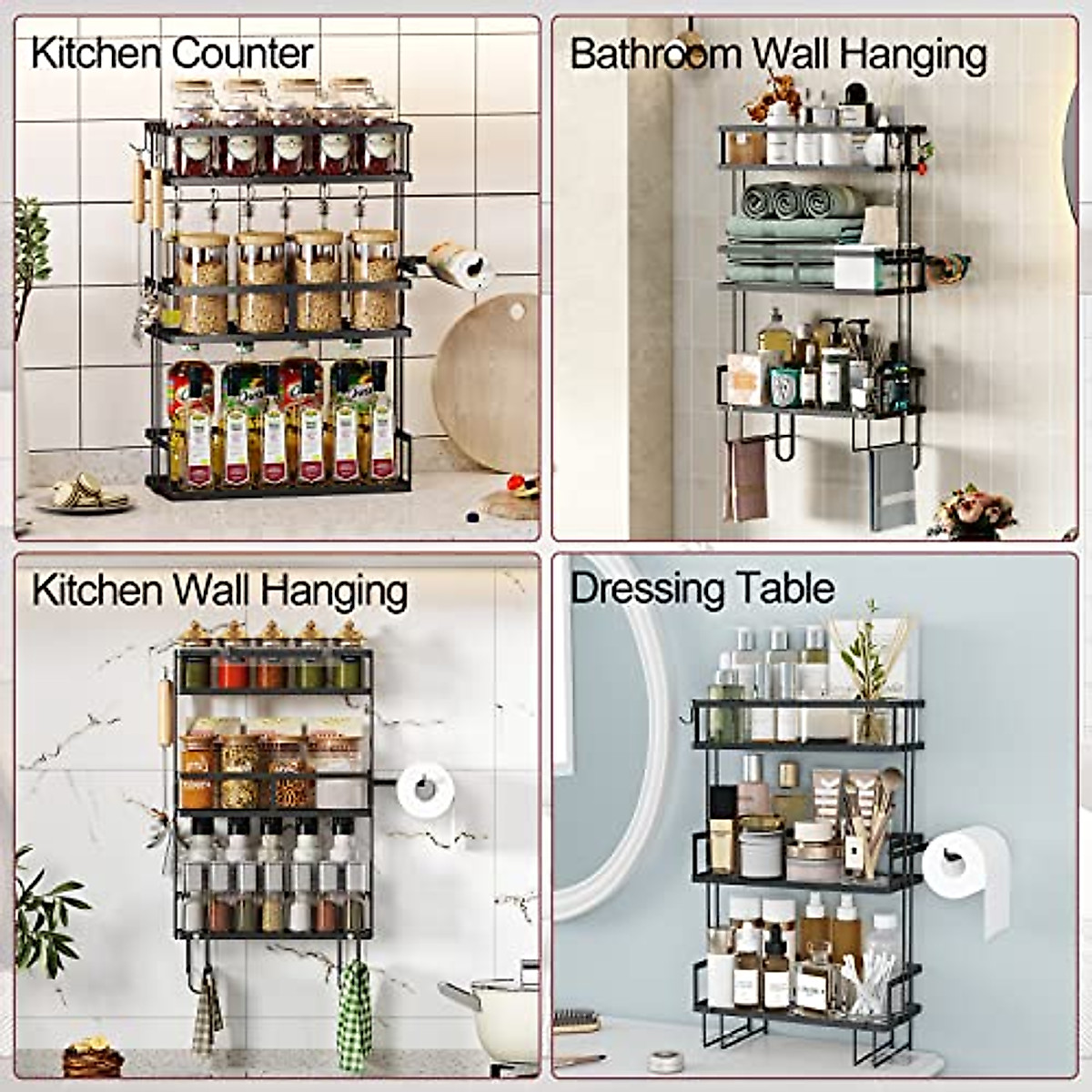 Fokyfok Over Toilet Bathroom Organizer,Over The Toilet Storage Shelf, Toilet Shelf with Toilet Paper Holder,Bathroom Shelf Over Toilet,3 Tier Toilet Storage Rack Black Metal (Black)