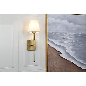 PERMO Set of 2 Classic Rustic Industrial Wall Sconce Lighting Fixture with Flared White Textile Lamp Shade and Antique Brass Tapered Column Stand