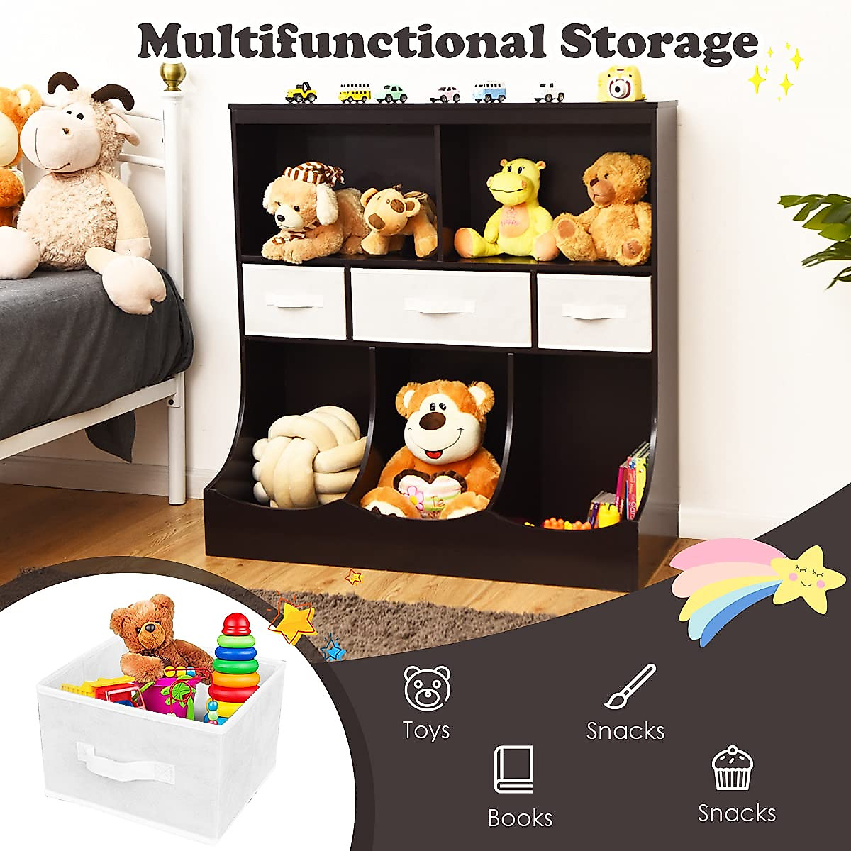 HONEY JOY Kids Toy Storage Organizer with Bookcase, 8-Cubby Organization Storage Cabinet w/Display Shelf & 3 Removable Fabric Bins, Wooden Toy Storage Unit for Playroom, Nursery Daycare(Espresso)