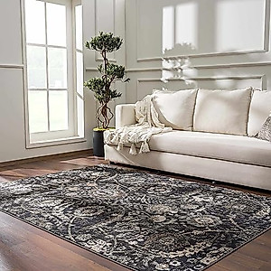 BoutiqueRugs Owatonna Traditional Floral Area Rug - Oriental Damask Patterned Rug for Living Room, Bedroom, Dining Room - Black, Charcoal, Sage - 4'3" x 5'7"